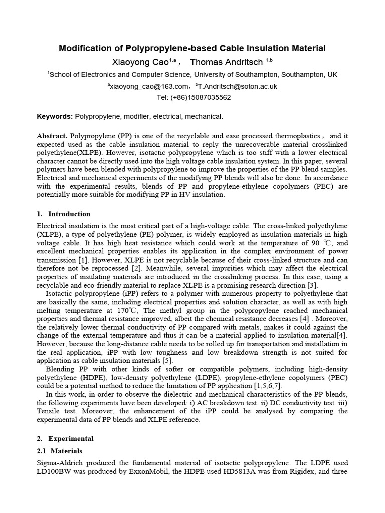 Modification of Polypropylene Based Cable Insulation Material | PDF ...