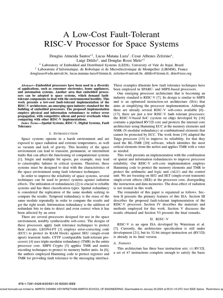 A Low Cost Fault Tolerant Risc V Processor For Space Systems Pdf Central Processing Unit