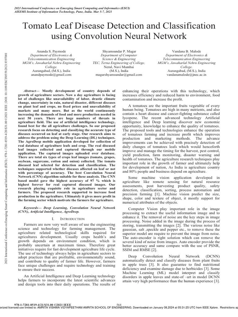 Tomato Leaf Disease Detection And Classification Using Convolution Neural Network Pdf