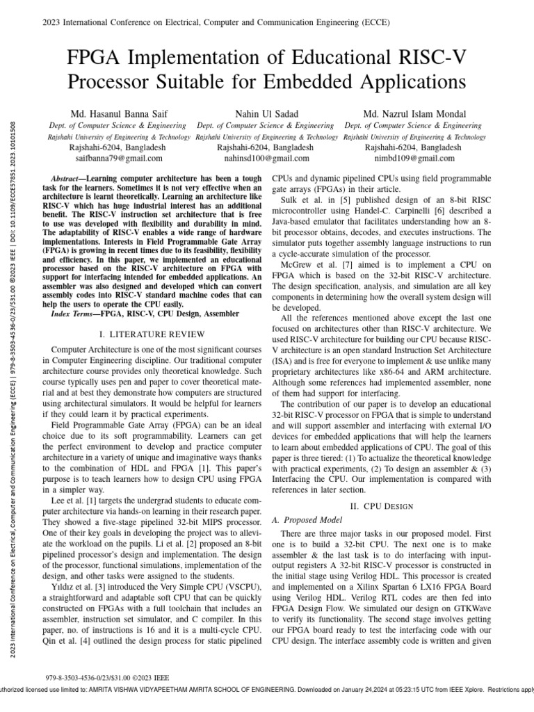 Fpga Implementation Of Educational Risc V Processor Suitable For Embedded Applications Pdf 