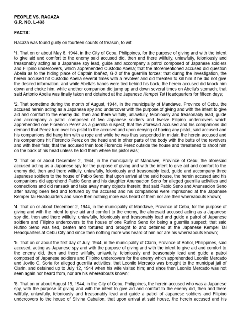 Case 8 People vs. Racaza G.R. No. L 433 | PDF | Plea | Treason