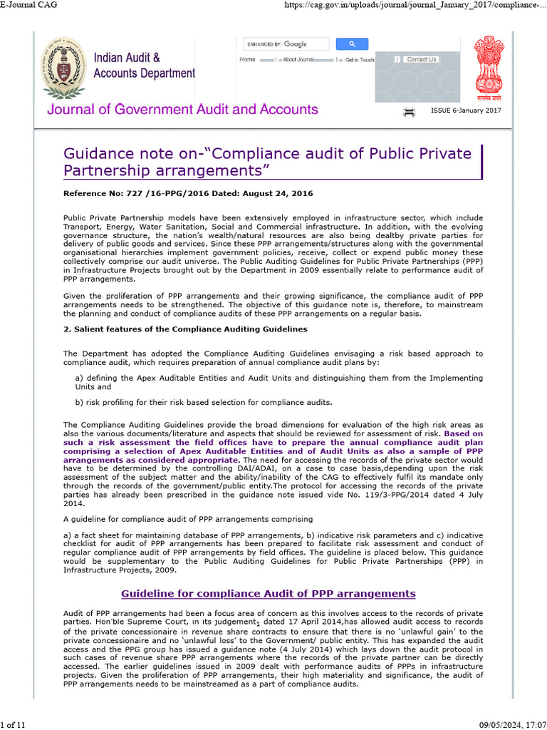 CAG Guidance Note On Compliance Audit of PPP Arrangements | PDF | Public–Private Partnership | Audit