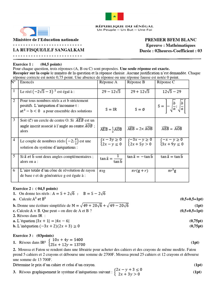 Épreuve BFEM Mathématiques 2020 | PDF | Mathématiques | Géométrie