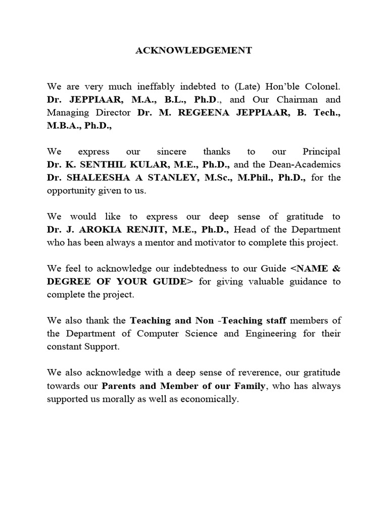 Acknowledgement Page - Project Report | PDF