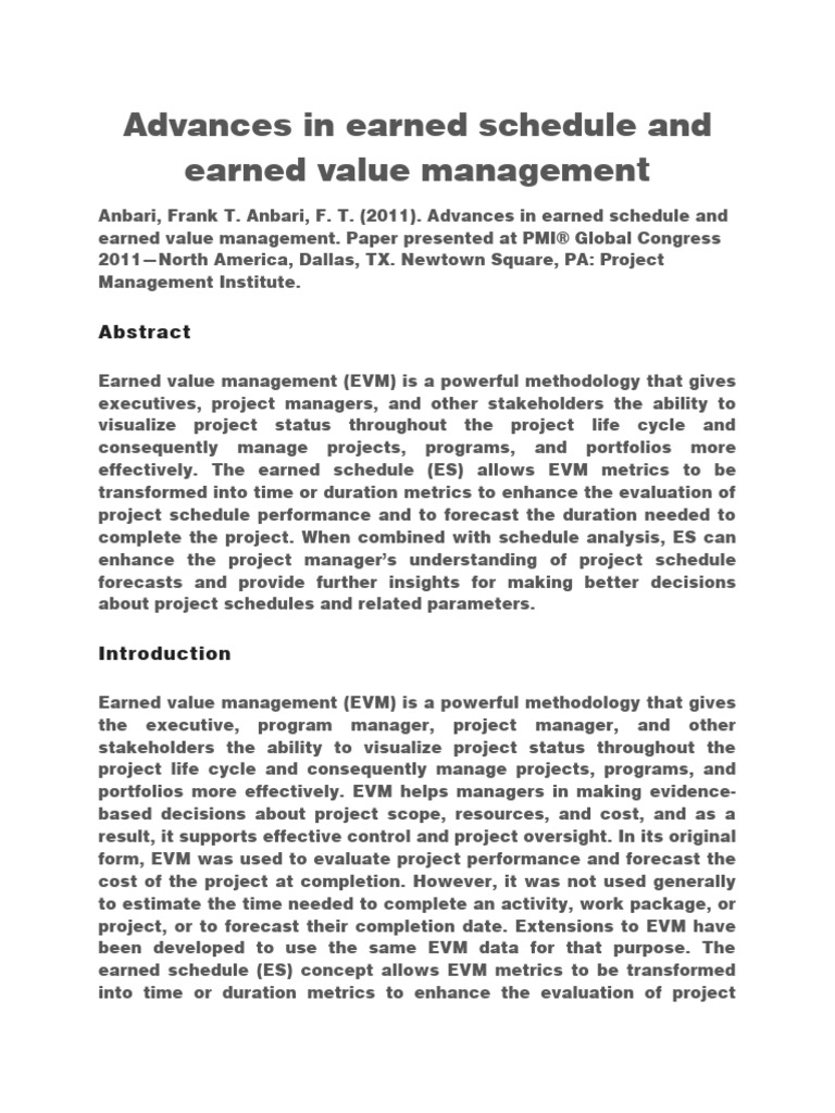 Advances in Earned Schedule and Earned Value Management | PDF | Technology & Engineering