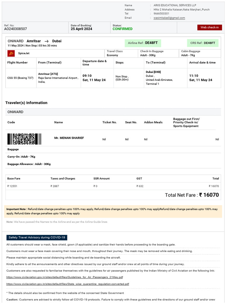 Amritsar To Dubai Ticket - 2403085071 | PDF | Aviation | Transport