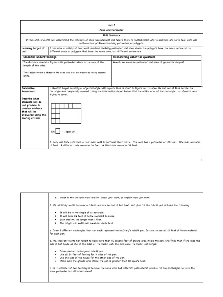 Grade 3 Unit 5 Scope and sequence | PDF | Area | Rectangle