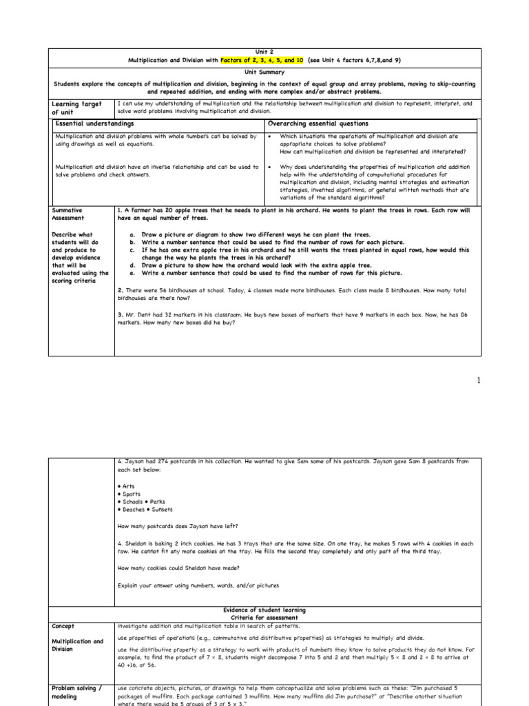 Grade 3 Unit 2 Scope and Sequence | PDF | Multiplication | Matrix (Mathematics)