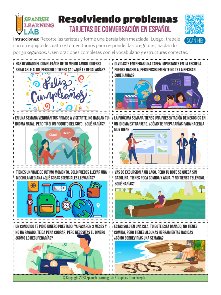 Problem Solving Scenarios in Spanish Conversation Cards in PDF | PDF