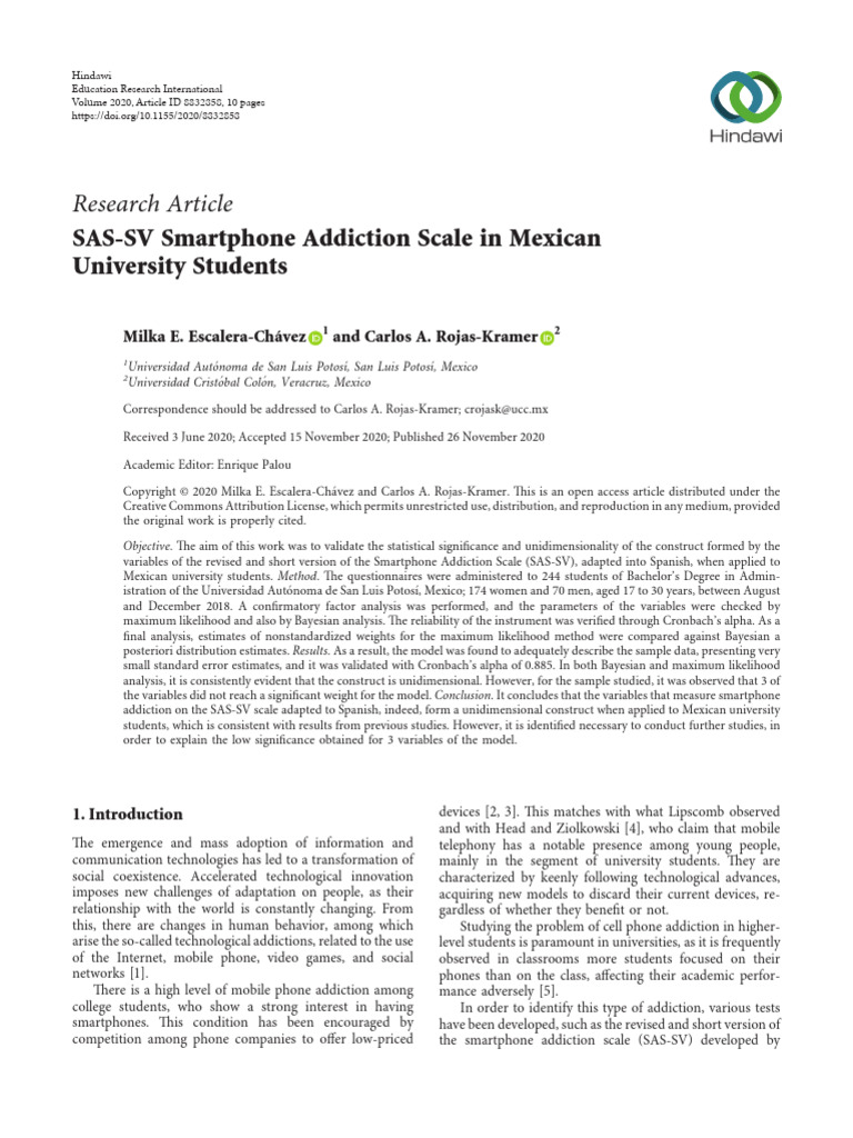 Research Article: SAS-SV Smartphone Addiction Scale in Mexican ...
