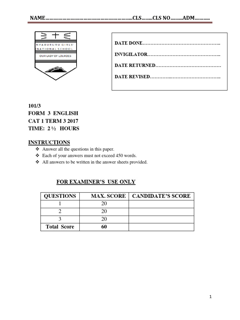 Form 3 English Term 3 Exam 2017 | PDF