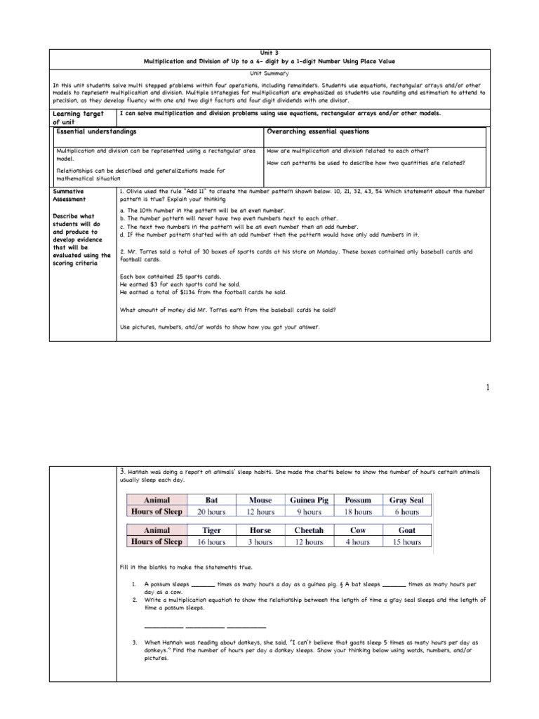 Grade 4 Unit 3 Scope and Sequence | PDF | Area | Numbers