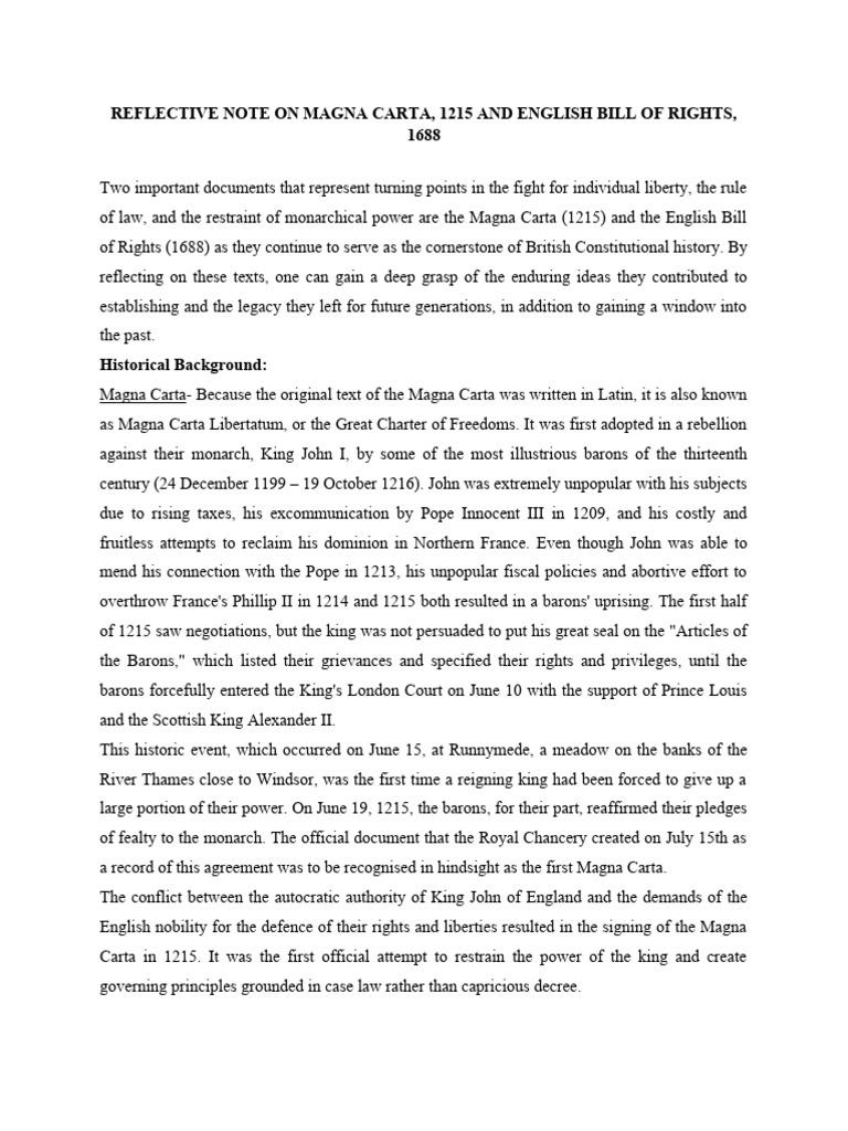 Reflective Note On Magna Carta, 1215 and English Bill of Rights, 1688 ...