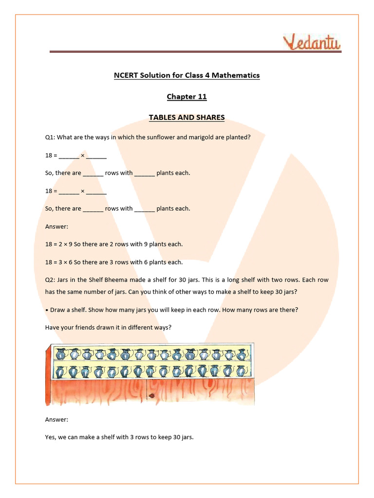 NCERT Solutions for Class 4 Maths Chapter 11 Tables and Shares. | PDF