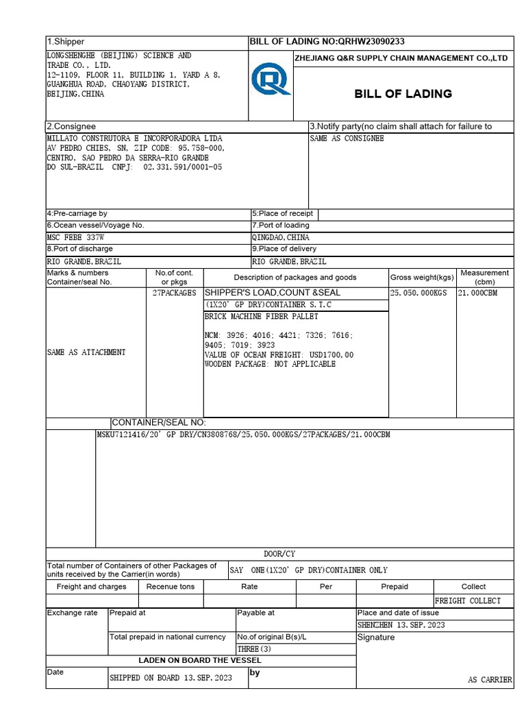 HBL Draft Mi23080185 | PDF | Cargo | Bill Of Lading