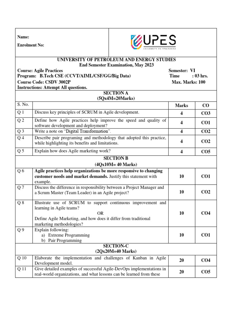 SET-01 - SOCS - ESE-MAY23 - B.Tech (CSE-H+N.H) - VI - CSDV3002P - Agile Practices | PDF | Agile ...