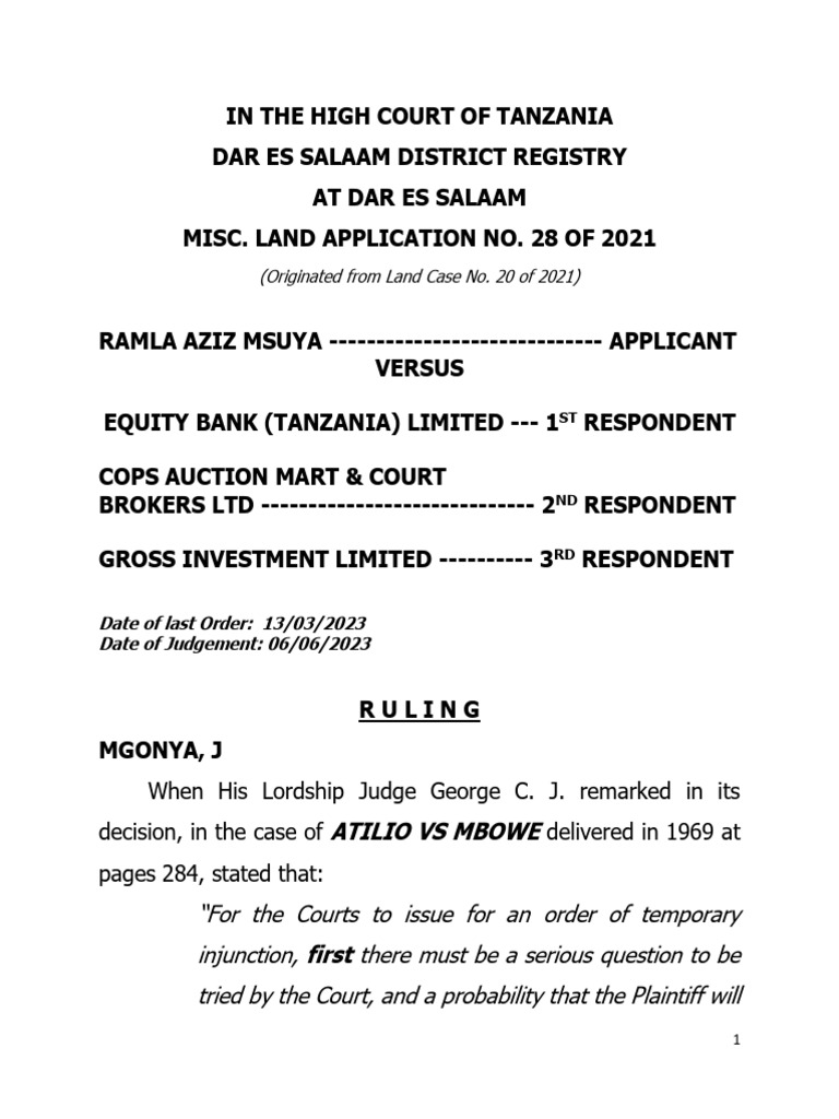 Msuya vs Equity Bank: Injunction Ruling | PDF | Lawsuit | Injunction