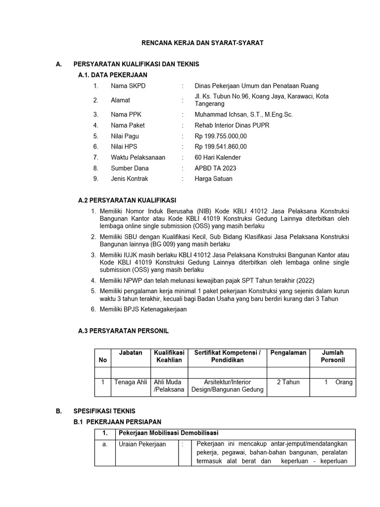 RKS Rehab Interior Dinas PUPR | PDF