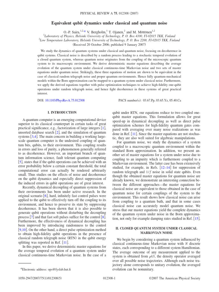 Equivalent Qubit Dynamics Under Classical and Quantum Noise | PDF | Quantum Mechanics | Quantum ...