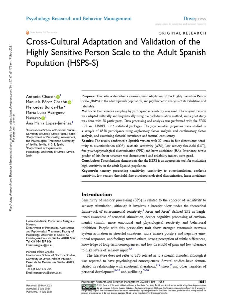 Cross-Cultural Adaptation and Validation of The Highly Sensitive Person ...