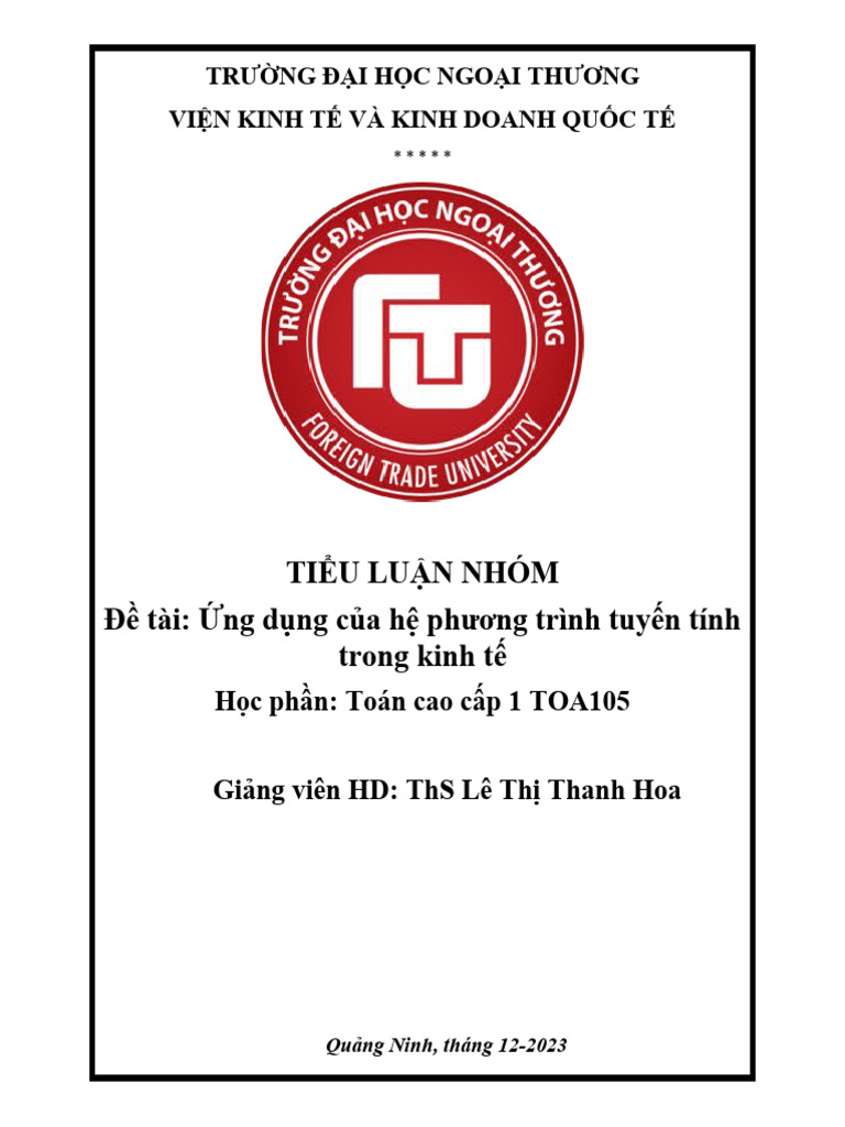 Nhóm 10 - Ứng dụng của hệ phương trình tuyến tính trong kinh tế - TCC 2 | PDF