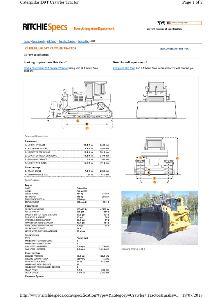 CAT D9T Specs | PDF | Tractor | Mechanical Engineering