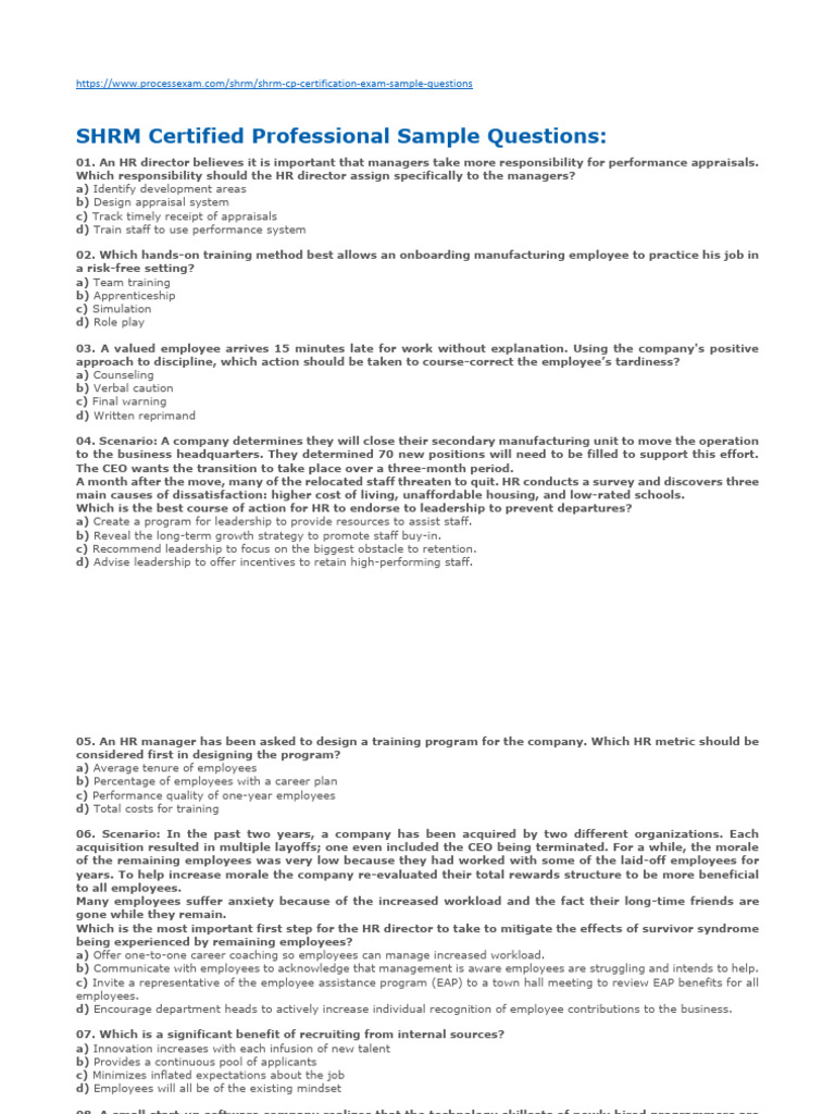 SHRM Certified Professional Sample Questions, Test I | PDF | Cost Of ...