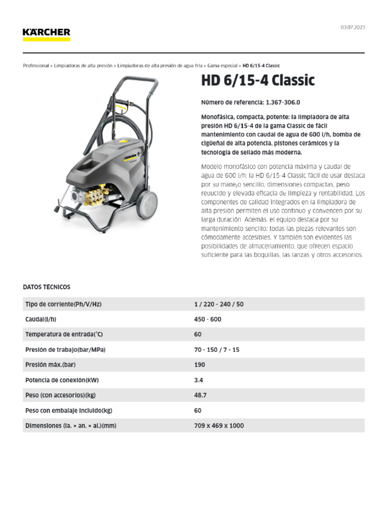 Ficha Tecnica Karcher Professional HD 6 - 15-4 Classic | PDF