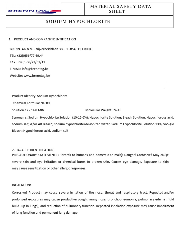 SDS - Sodium - Hypochlorite - Brenntag PDF | PDF | Ammonium | Chlorine