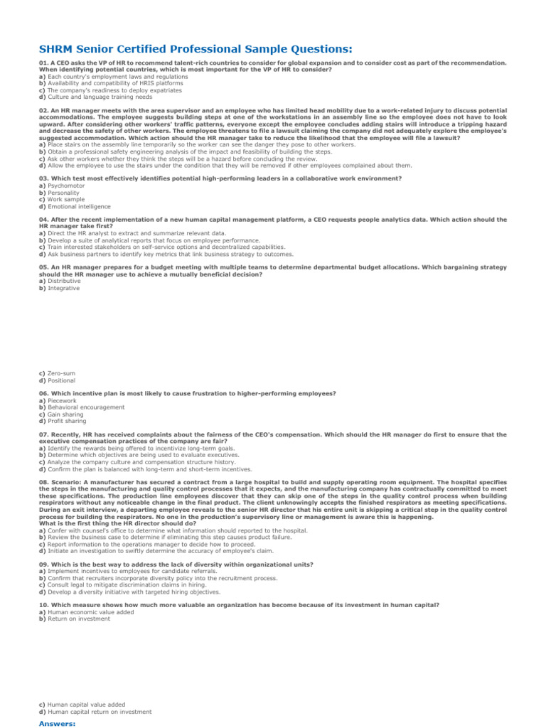 SHRM Certified Professional Sample Questions, Test II | PDF ...