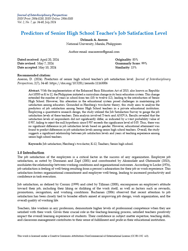 Predictors Of Senior High School Teachers Job Satisfaction Level Pdf Job Satisfaction P Value