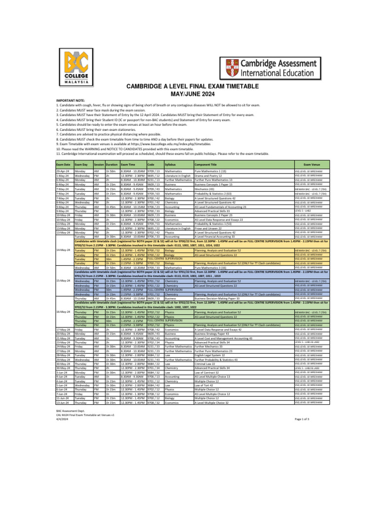 Cambridge A Level Exam Timetable 2024 | PDF