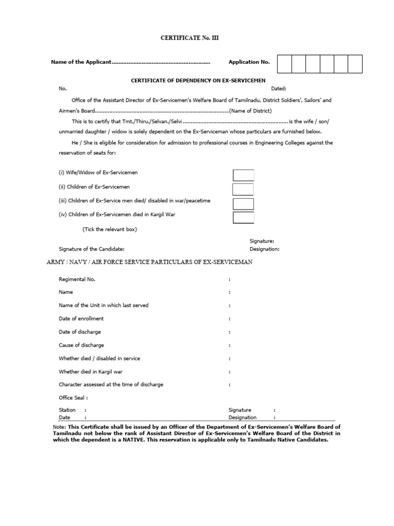 Certificate No. Iii: Certificate of Dependency On Ex-Servicemen No ...