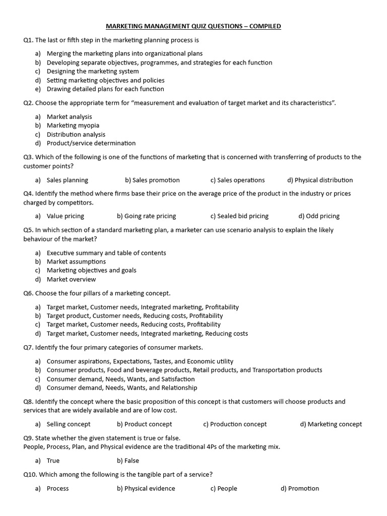 Marketing Management Quiz Questions - Compiled | PDF | Market ...