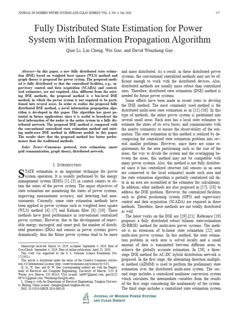 Fully Distributed State Estimation For Power System With Information Propagation Algorithm Pdf