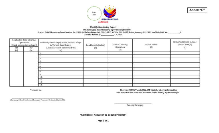 Barangay Road Clearing Monthly Report | PDF