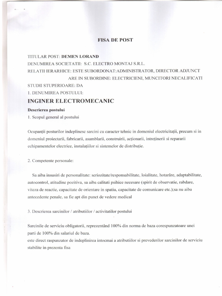 Fisa de Post Cu Atributi | PDF