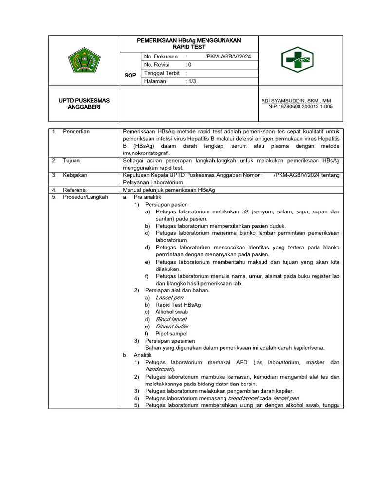SOP Rapid Test HBsAg di Puskesmas | PDF