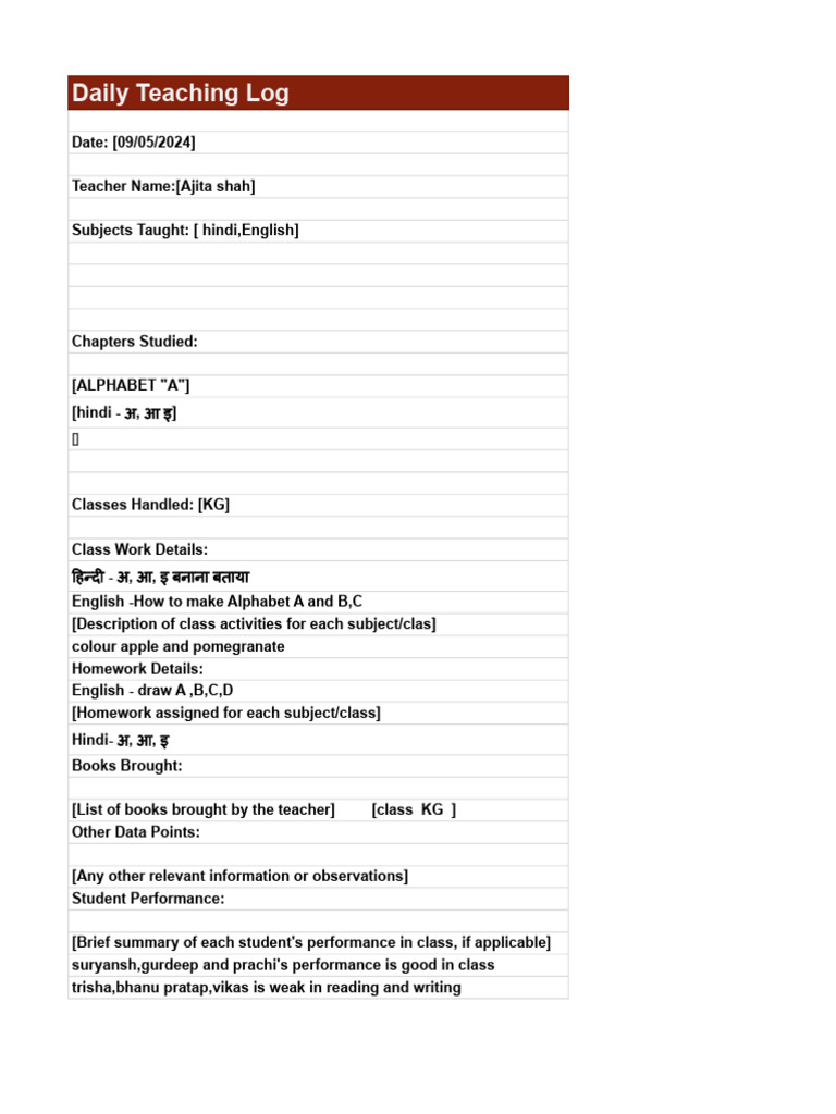 Daily Teaching Log for KG Classes | PDF