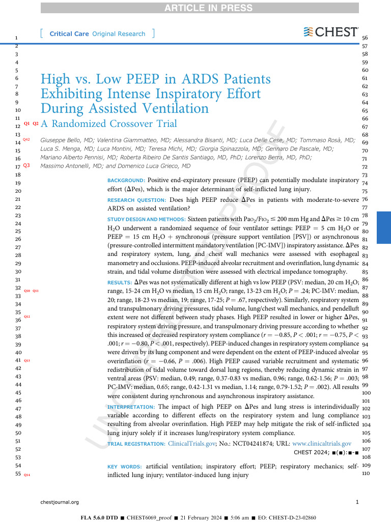 Bello - High vs. Low PEEP in ARDS Patients Exhibiting Intense Inspiratory Effort During Assisted ...