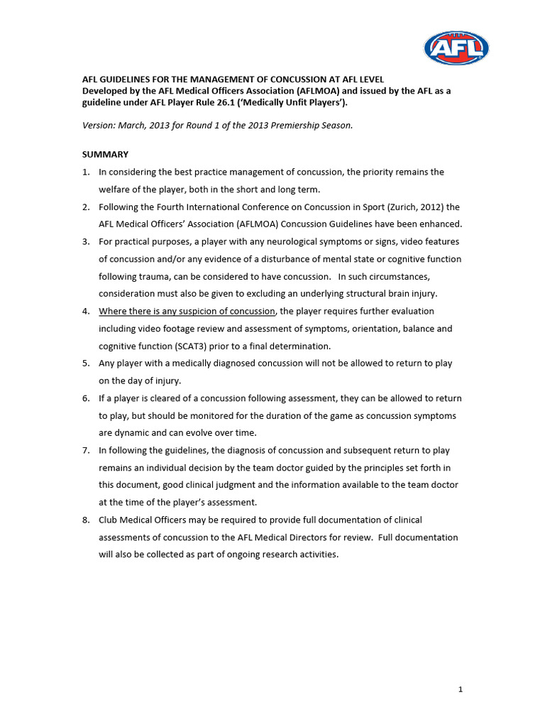 AFL Concussion Guidelines at AFL Level | PDF | Concussion | Traumatic Brain Injury