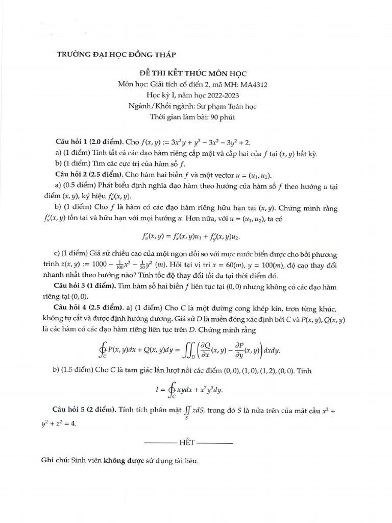Tailieuchung de Thi Ket Thuc Hoc Phan Hoc Ki 2 Mon Giai Tich Co Dien 2 Nam 2022 2023 Co Dap An ...