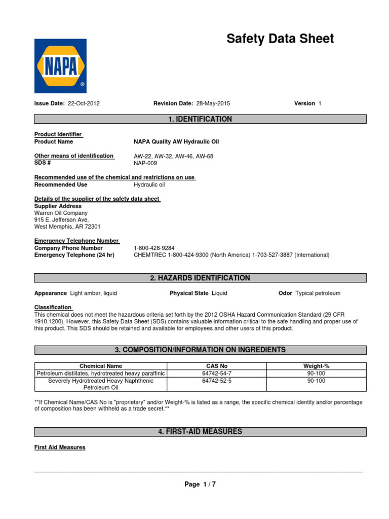 NAPA AW Hydraulic Oil Specifications | PDF | Combustion | Superfund