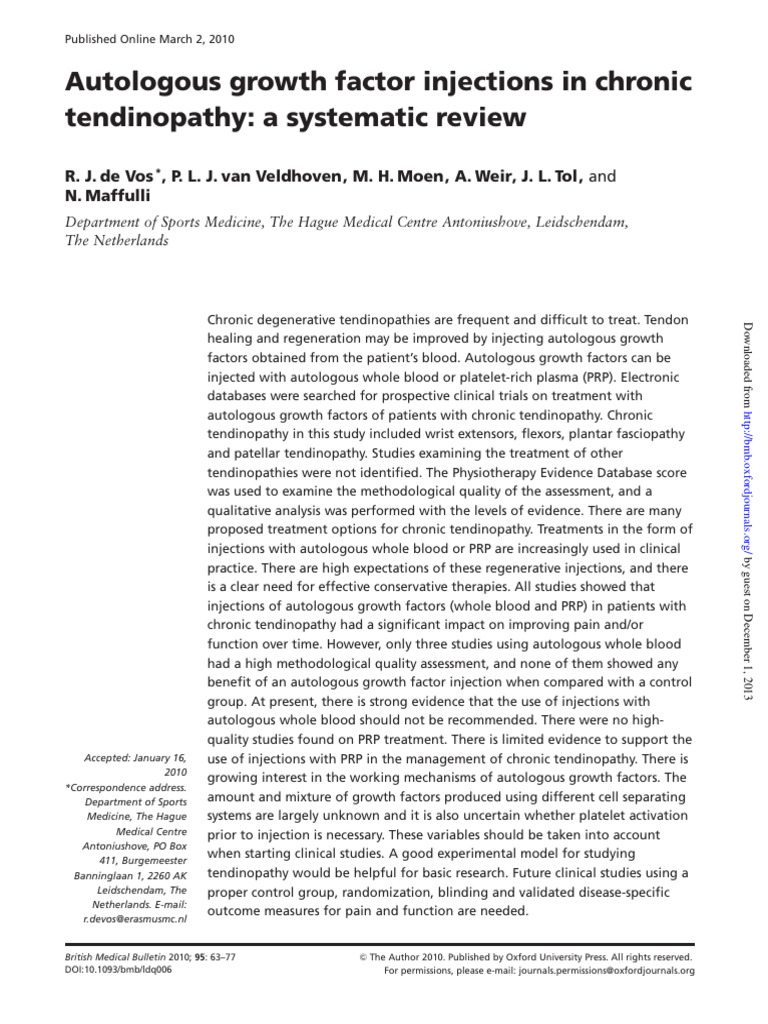 Autologous Growth Factor Injections in Chronic Tendinopathy SR | PDF ...