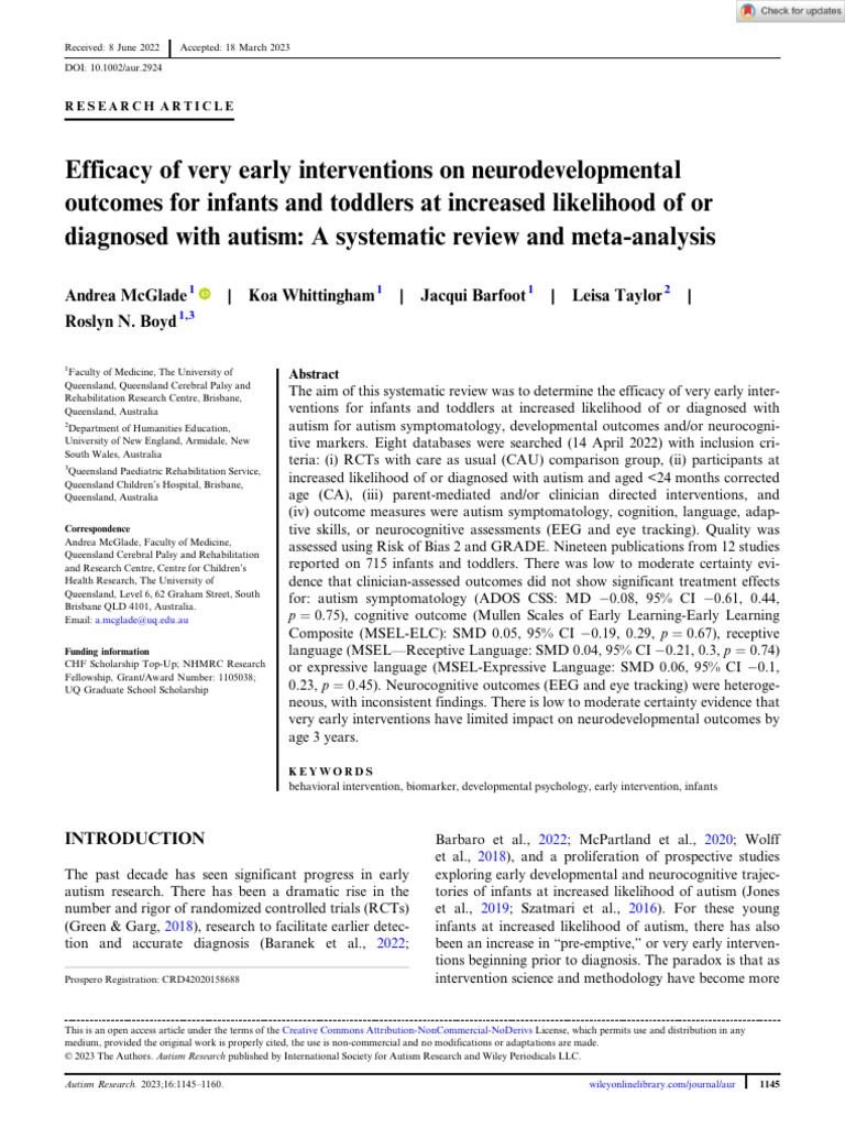 Autism Research - 2023 - McGlade - Efficacy of Very Early Interventions on Neurodevelopmental ...