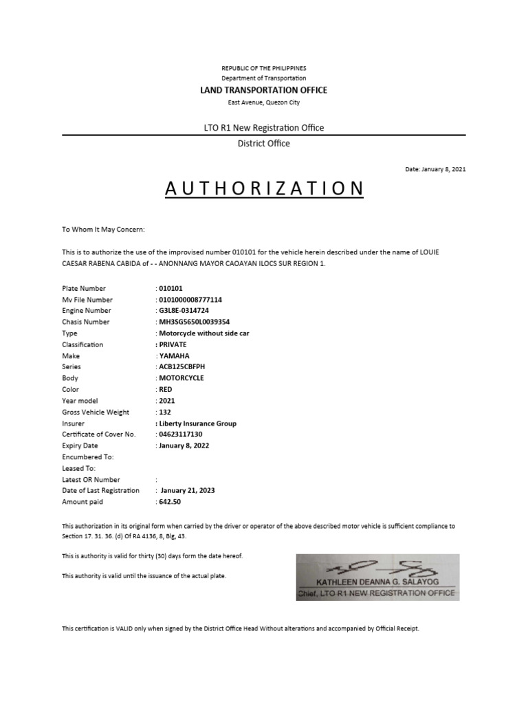Motorcycle Registration Authorization 2021 | PDF
