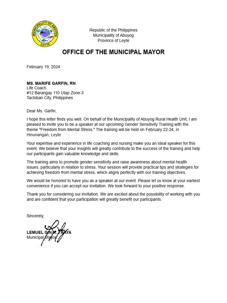 Esigned Invitation Letter To Ms Garfin Rhu Team Building | PDF