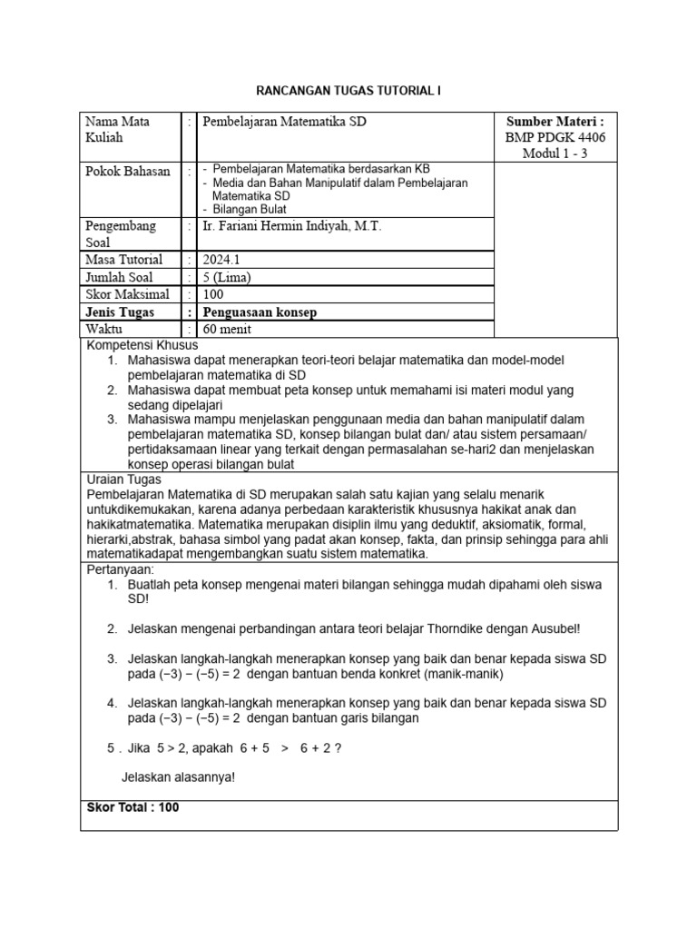 Rancangan Tugas Tutorial 1 MTK | PDF