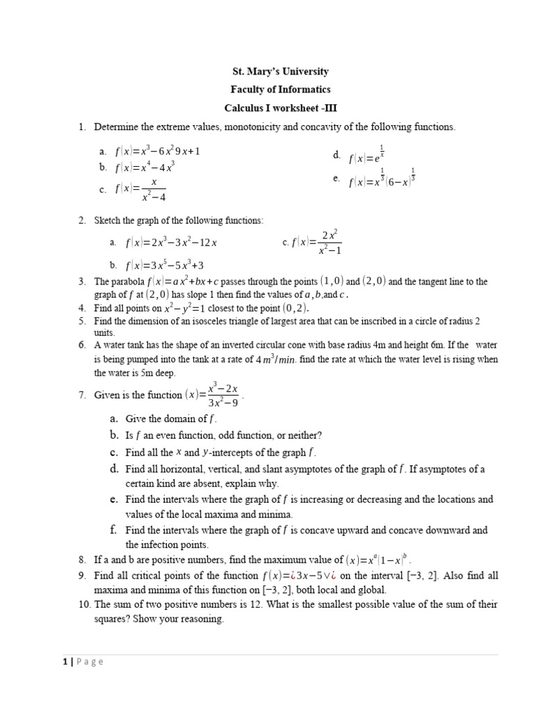 Calculus I Worksheet 3 2 Pdf Asymptote Function Mathematics