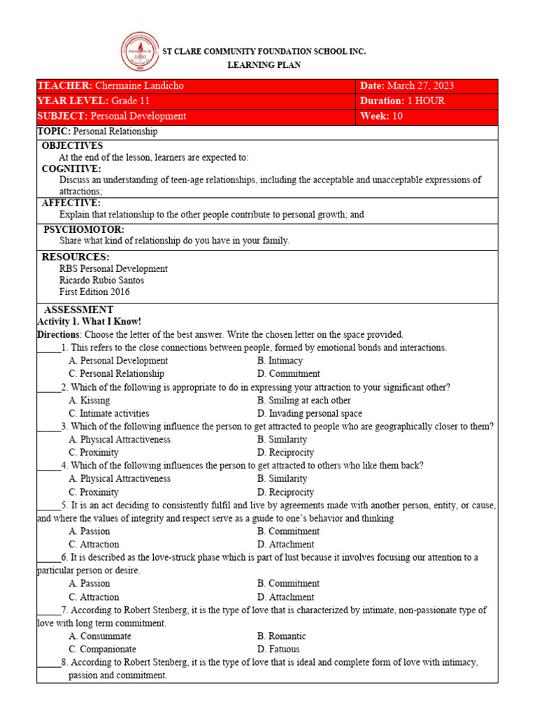 Grade 11 Personal Relationships Lesson Plan | PDF | Intimate ...
